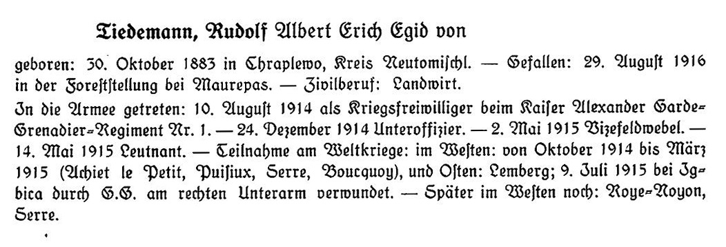 1st Lt Rudof Albert Erich v. Tiedemann | PickelHaubes.com